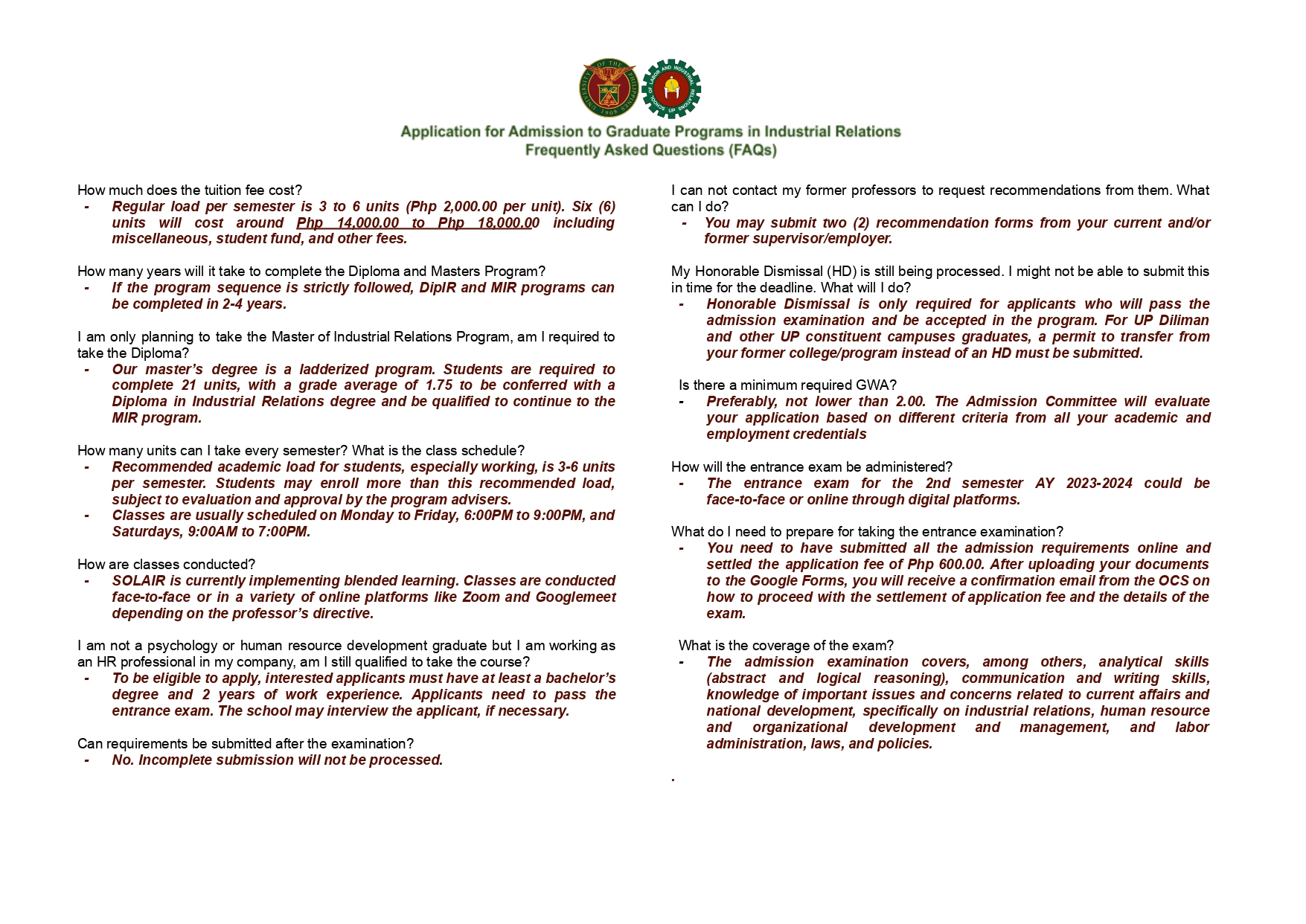 Application for Graduate Programs in Industrial Relations